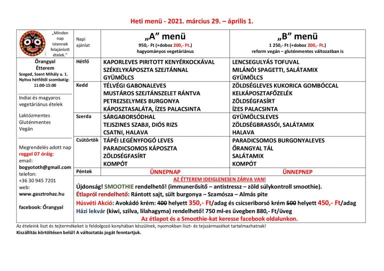 Őrangyal heti menü 2021 március 29 ÁPRILIS 1 - Őrangyal Gasztroház Vegetáriánus Étterem, Szeged ...
