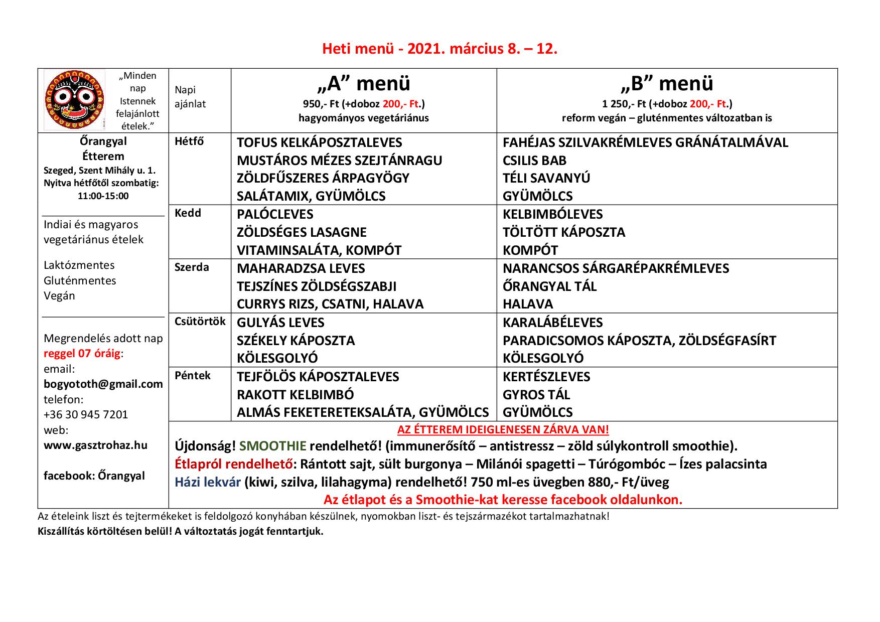 Őrangyal heti menü 2021 március 8-12 - Őrangyal Gasztroház Vegetáriánus Étterem, Szeged ...